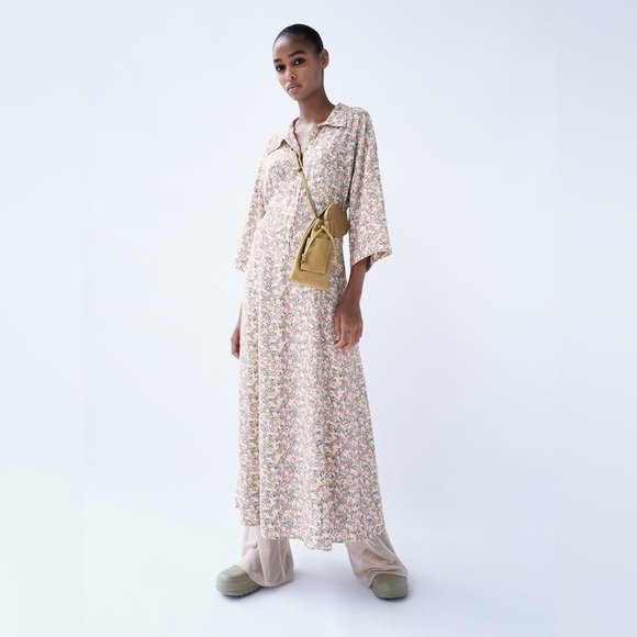 Zara | Dresses | Zara Floral Print Dress Cottage Shabby Chi Pink Cream ...